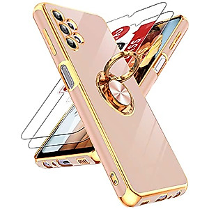 LeYi for Samsung Galaxy A32 5G Case with Tempered Glass Screen Protector [2 Pack] 360° Rotatable Ring Holder Magnetic Kickstand, Plating Rose Gold Edge Protective Case, Pink