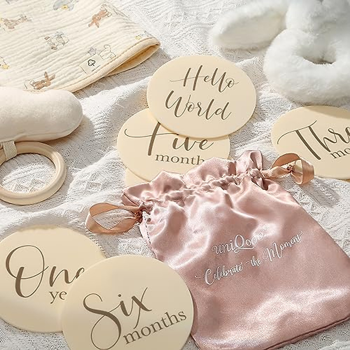 UNIQOOO 13Pcs 4'' Cream White Acrylic Monthly Baby Milestone Printed Cards, Photo Props, Round Baby Months Growth Sign for Boy, Girl Photography, One Month to One Year & Hello World Card, New Baby Gifts