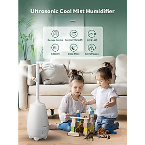 Aiheal Humidifiers for Bedroom Large Room Home, 5L Top Fill Cool Mist Ultrasonic Humidifier for Baby Plants, Smart Humidistat Mode, Essential Oil Diffuser, Sleep Mode, Auto Off and Ultra Quiet, White