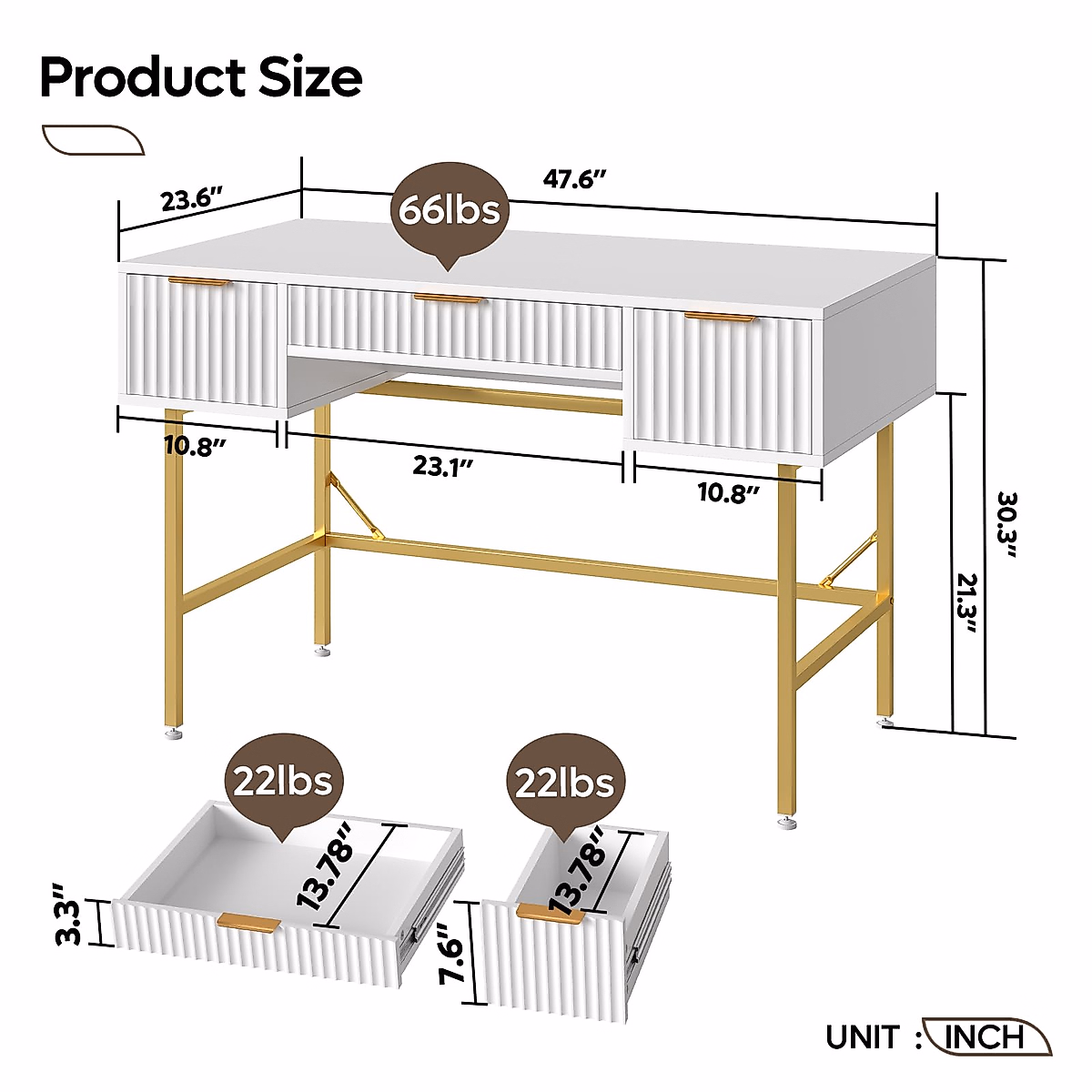 Bestier 47.6 Inch Fluted Computer Writing Desk with Drawers for Home Office, White and Gold Vanity Desk, Modern Simple Makeup Desk for Bedroom