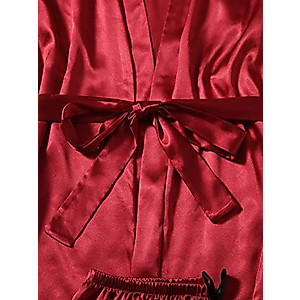 WDIRARA Women's 5 Pieces Satin Sleepwear Lace Trim Pajama Sets with Belted Robe Multicolored L