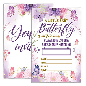 UDNADKEX Baby Shower Invitations for Girl Butterfly Purple with Envelopes, Invites for Baby Showers Party Floral, A Little Baby Butterfly Is on The Way, 4"x6" Set of 20