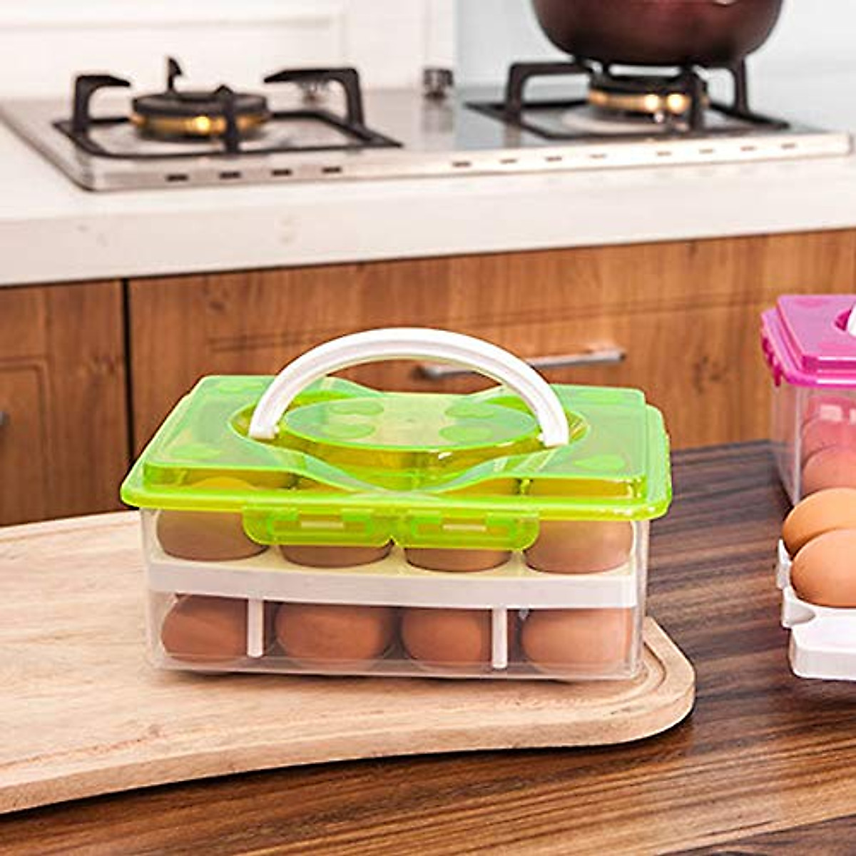 2-Tier Deviled Egg Container Deviled Egg Holder with Lid and Handle Removable Tray for Refrigerator Freezer Storage, Holds 24 Eggs (Green)