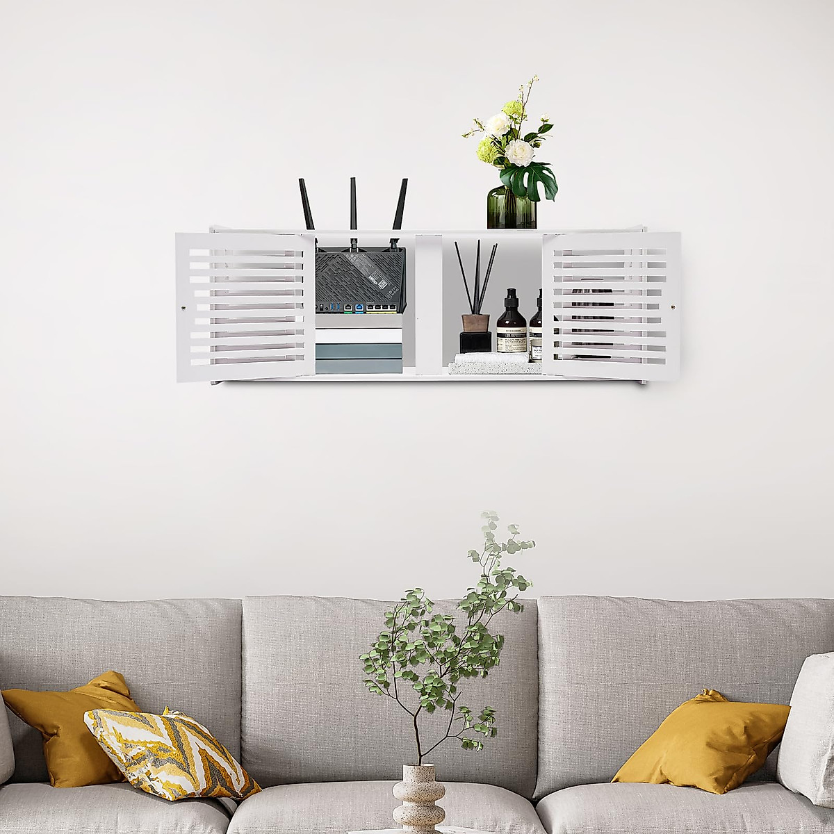 Leblett Wall Mount Router Storage Box,Rectangular White Floating Shelf,Organizer for Toys,Power Plug Storage Box,Multi-Function Storage Rack with Door
