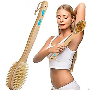 4PCS Wet and Dry Body Brush Set of 2 Dual-Sided Long Handle Shower Brush Set of 2 Short Bristles Dry Brush for Cellulite and Lymphatic Drainage Massage