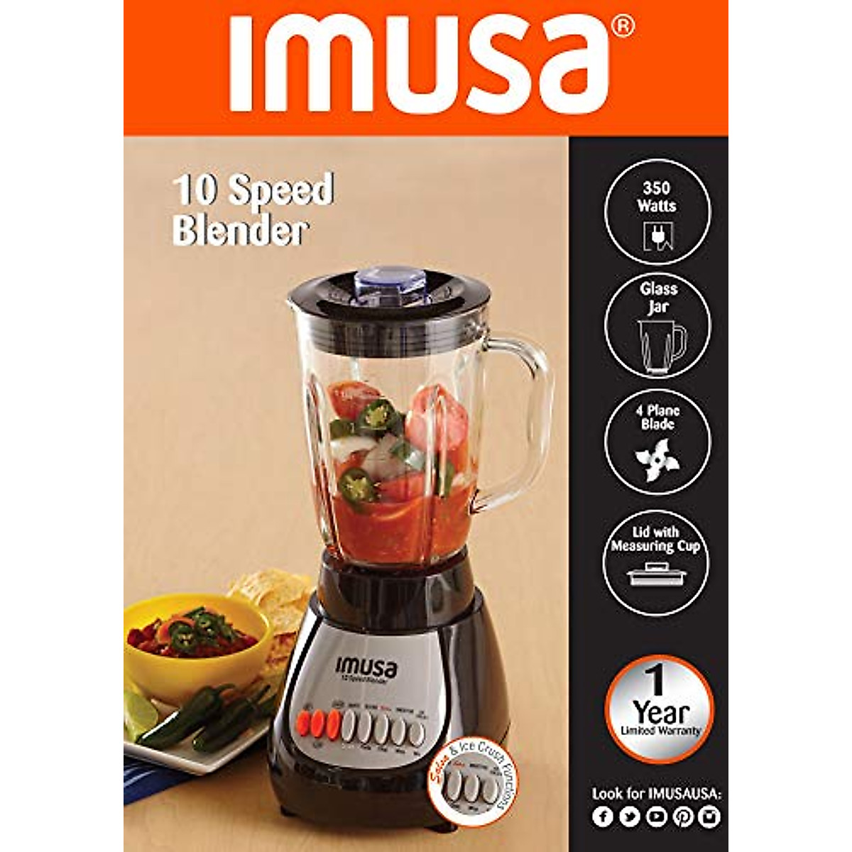 IMUSA USA GAU-80313B Black 10-Speed Blender with Glass Jar 4, 42 oz