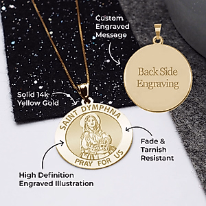 PicturesOnGold.com Saint Dymphna Round Religious Medal - Solid 14k Yellow Gold - 2/3 x 2/3 Inch, Medal With Engraving