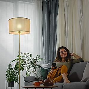 Brightech Zion Elegant Floor Lamp – Modern Woven Wicker Shade Matches Boho, and Mid-Century Décor – Free Standing LED Light for Living Rooms and Bedrooms – Tall Lamp Gets Compliments - Brass