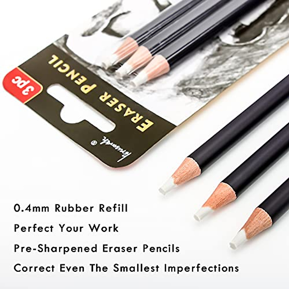 Professional Eraser Pencils Set - Brusarth 3pc Erasing Small Details or add Highlights for Sketching Pencils, Colored Pencils, Charcoal Drawings. Fine Detail Eraser for Beginners & Artists
