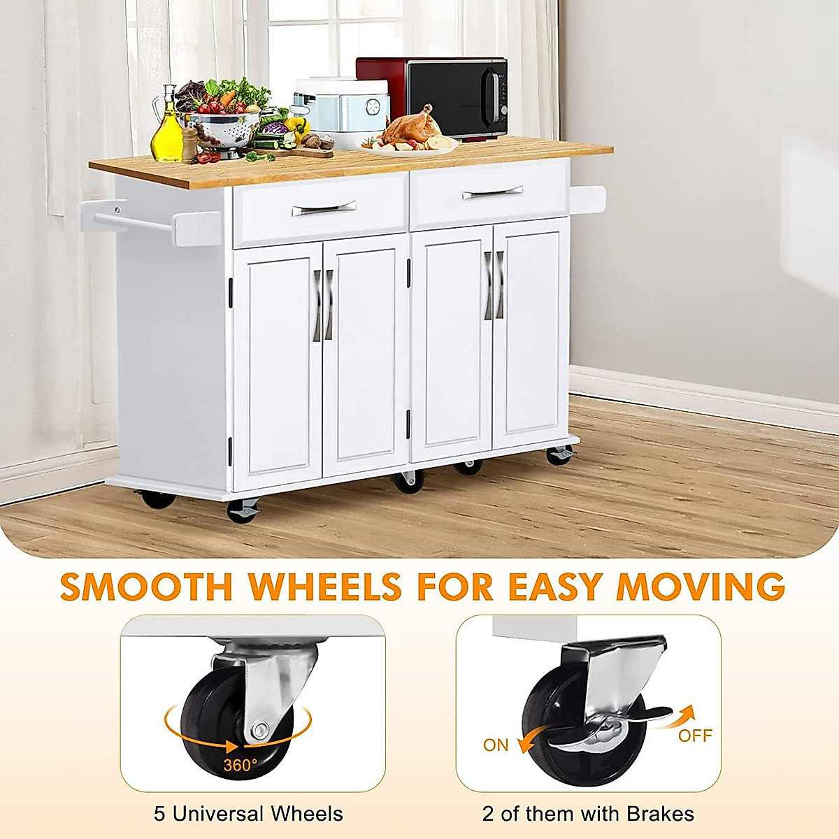 Pliwier Kitchen Island Cart on Wheels with Cabinet, Rubberwood Countertop, Lockable Casters, Adjustable Shelves, Kitchen Storage Islands for Dining Room, L48xW18xH36 Inches, Easy Assembly