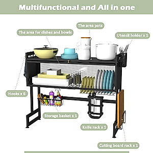 bukfen Dish Drying Rack, Large Stainless Steel Over The Sink 2 Tier Dish Rack with Cover for Kitchen (Black, Middle 33.46 Length)