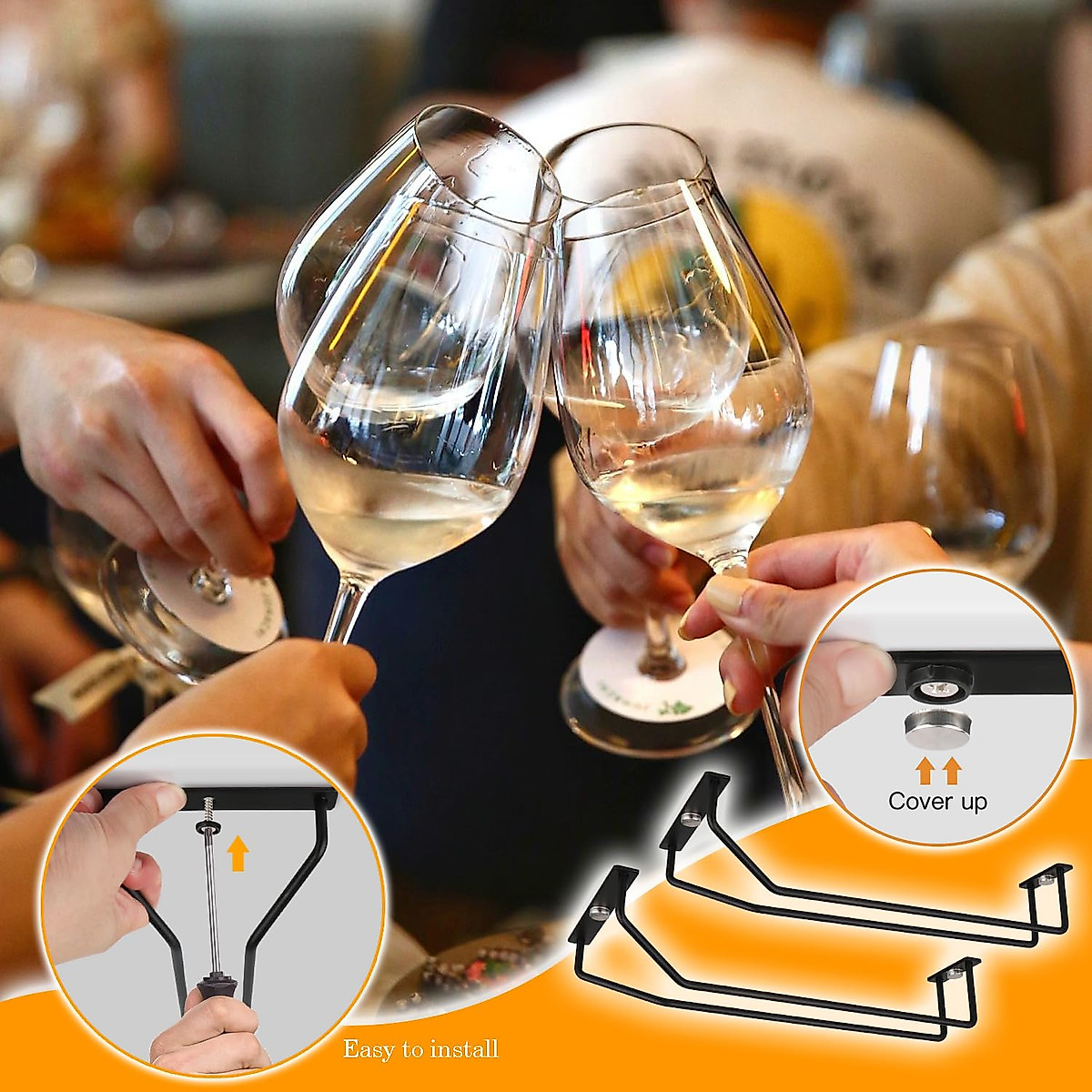 10.8 Inch Long Single Rail Wine Glass Rack Under Cabinet Cupboard, Yimerlen Metal Stemware Holder Wine Glass Holder Wine Glass Hanger for RV Mini Bar Kitchen Storage (Black- 2 Pack)