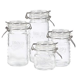 Mason Craft & More Airtight Kitchen Food Storage Clear Glass Clamp Jars, 4 Piece Mini Clamp Preserving Jar Set (7oz, 12oz, 17oz, and 22oz), (TTU-V1523)