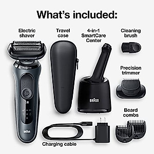 Braun Electric Shaver for Sensitive Skin, Wet & Dry Shave, Series 6 6075cc, With Beard Trimmer, Clean & Charge SmartCare Center, and Leather Travel Case, Rechargeable, Black