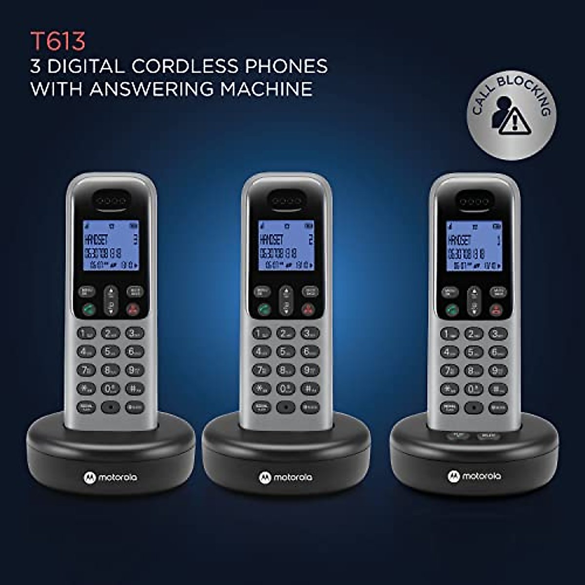 Motorola Voice Cordless Phone System w/ 3 Digital Handsets + Answering Machine, Remote Access, Call Block - Dark Grey (T613)