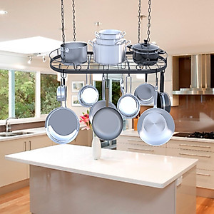 TICKCACY 33” Oval Pan Rack Hanging, Heavy Duty Ceiling Pot Rack with Hooks, Metal Pot Rack Hanging with Grid, Pot and Pan Hangers for Kitchen Cookware Utensils Toiletries, Easy Assembly, Black