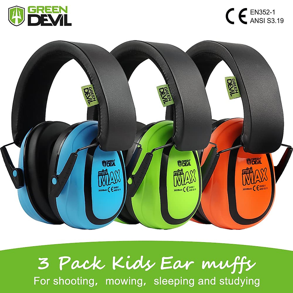 GREEN DEVIL 3 Pack Kids Ear Protection Ear Muffs 27dB Noise Cancelling Hearing Protection Headphones For Toddlers To Teens