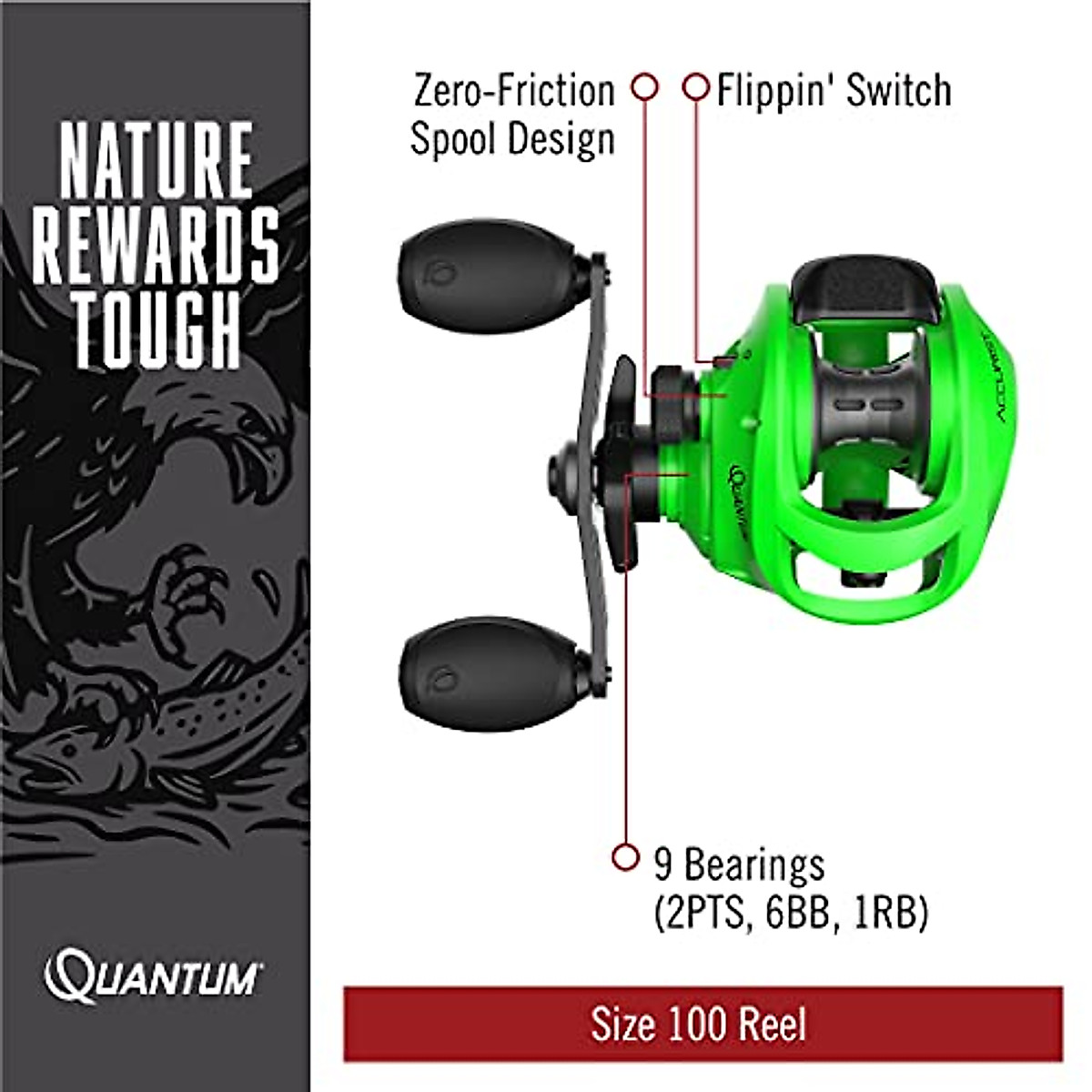 Quantum Accurist Baitcast Fishing Reel, Size 100 Reel, Right-Hand Retrieve, Oversized Non-Slip Handle Knobs and Continuous Anti-Reverse Clutch, One-Piece Aluminum Frame, 7.0:1 Gear Ratio, Green