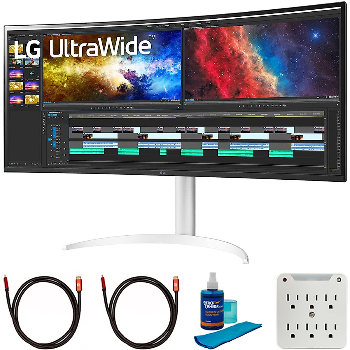 LG 38WP85C-W 38 inch Curved 21:9 UltraWide QHD 3840x1600 PC Monitor Bundle with 2X 6FT Universal 4K HDMI 2.0 Cable, Universal Screen Cleaner and 6-Outlet Surge Adapter