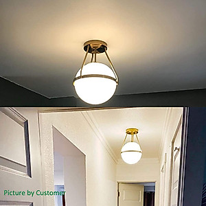 HOLKIRT Mid Century Modern Globe Semi Flush Mount Ceiling Light Fixture,White Opal with Brass Finish,Living/Dinning Room