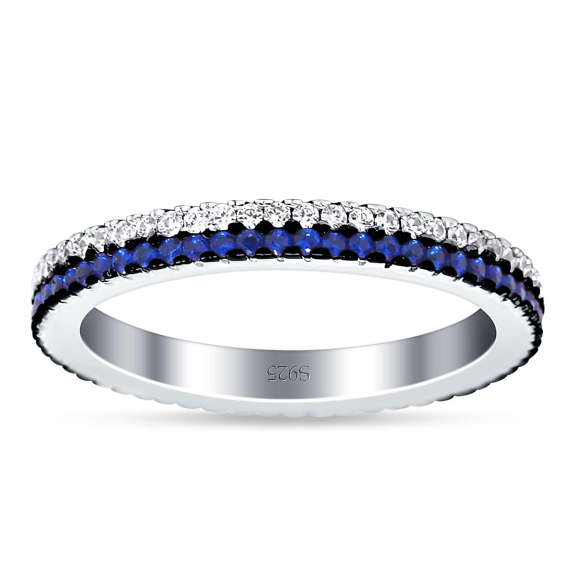 3mm Full Eternity Stackable Thin Blue Line Band Ring Round Simulated Sapphire CZ 925 Sterling Silver, Size-8