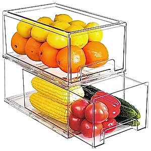Totexil Fridge Drawers, 2 Pack Clear Stackable Pull Out Refrigerator Organizer Bins,BPA-Free Plastic Pantry Organization and Storage,Clear Storage Bins with Drawers for Kitchen Cabinet Office(X-Large)