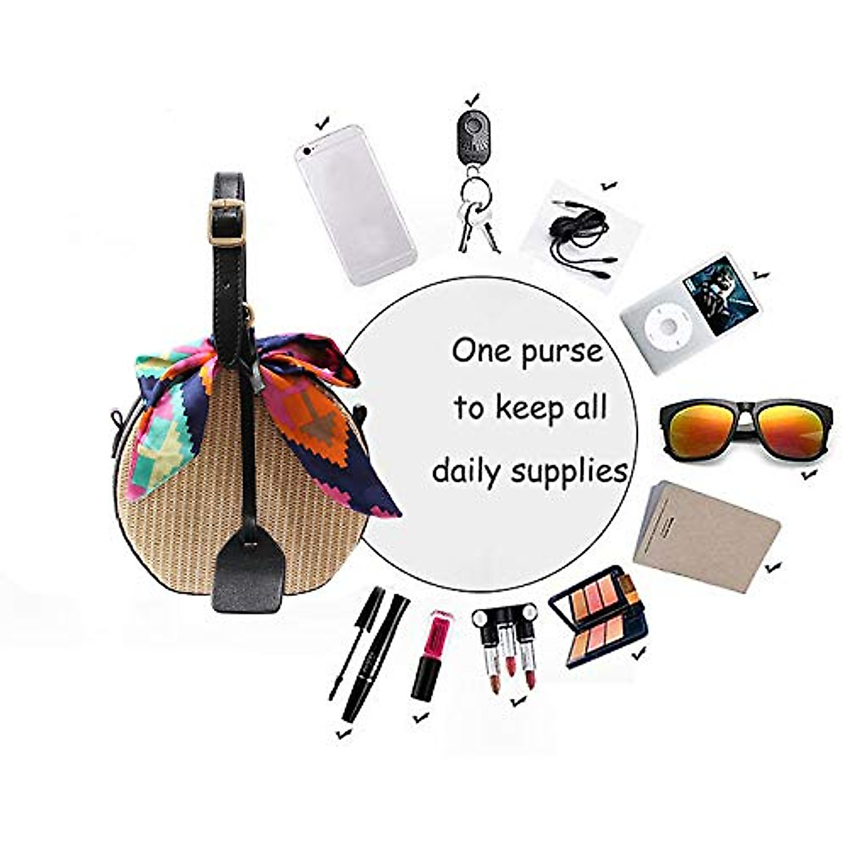 Danse Jupe Women Handwoven Round Rattan Bag Hobo Straw Beach Crossbody Shoulder Tote Handbag Black