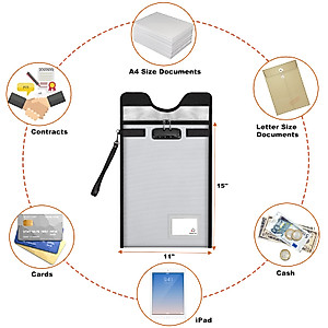 Fireproof Document Bag with Lock (5200℉), 15”x 11”Fireproof Money Bag, Waterproof Zipper Pouch for A4 A5 Legal Letter Size Document, Tablet, Valuables, Jewelry, Cash and Passport