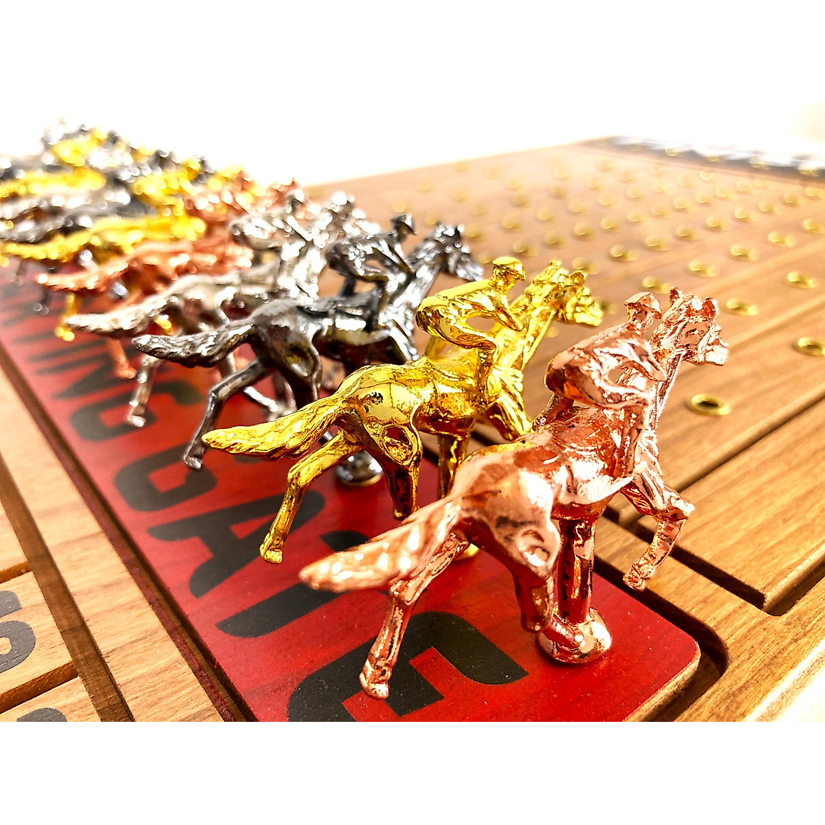 FINENI Horse Racing Game for Adults, Horse Race Board Game with 11 Luxurious Metal Horses (Gold, Silver, Black, Rose Gold), 22” Cherry Wood Horse Race Game Board, Dice & RoseGoldCard Included (Cherry)
