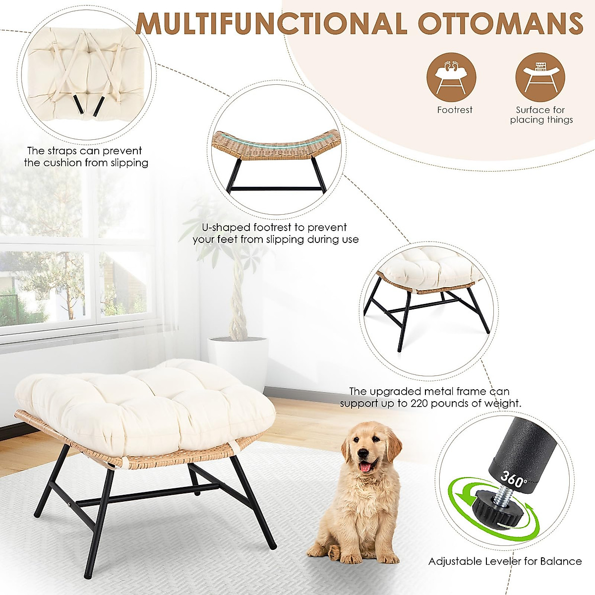 RADIATA Egg Chair with Footrest Outdoor Wicker Patio Egg Chairs with Ottoman for Indoor Bedroom Outside Porch Deck Backyard Garden (Beige)