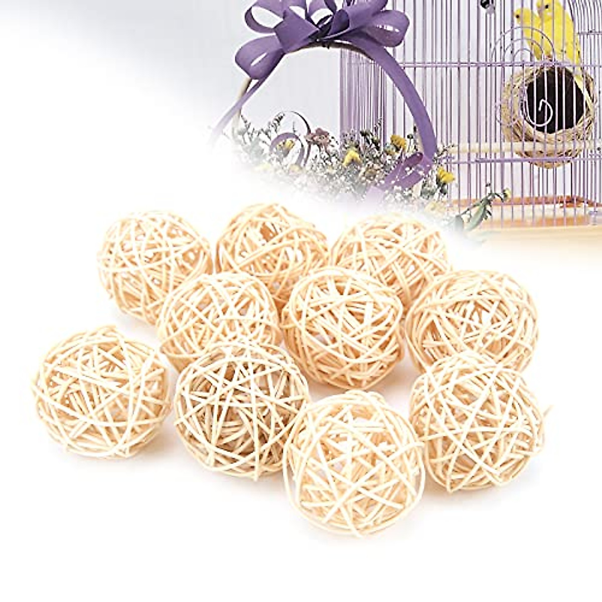 Hztyyier 10Pcs Rattan Balls, Natural Parrot Parakeet Chewing Toys Rattan Balls for Parakeet Budgie Cockatoo Hanging DIY Crafts