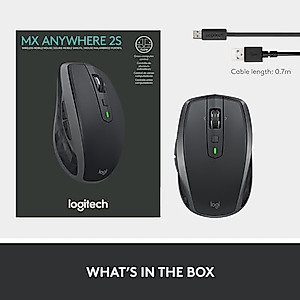 Logitech MX Anywhere 2S Wireless Mouse Use On Any Surface, Hyper-Fast Scrolling, Rechargeable, Control Up to 3 Apple Mac and Windows Computers and Laptops (Bluetooth or USB), Graphite