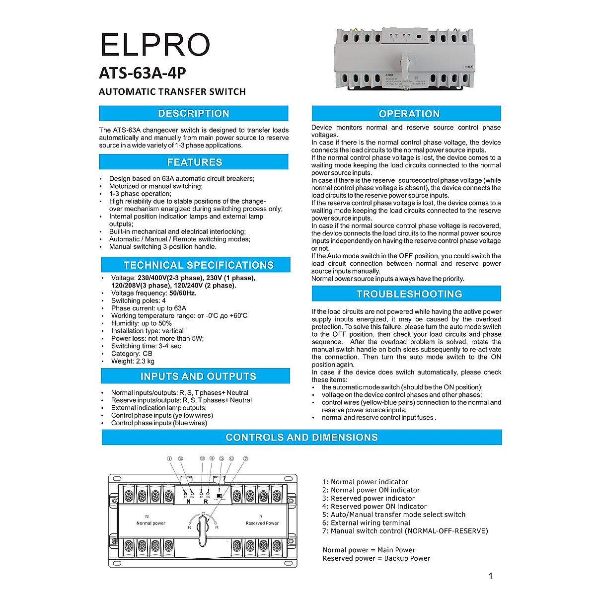 4PRO ATS-63A-4P Automatic Changeover Transfer Switch, 4 Pole, 63A, 120/208V, 50/60Hz, 2-3 Phase