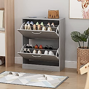 Grey Wood 12-Pair Shoe Storage Cabinet W/ 2 Flip Drawers Modern Contemporary Scandinavian MDF Matte Hidden Includes Hardware