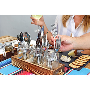 CB Accessories Mason Jar Glass Utensil Holder Flatware Caddy Silverware Organizer for Spoons, Knives and Forks with Rustic Wood Tray