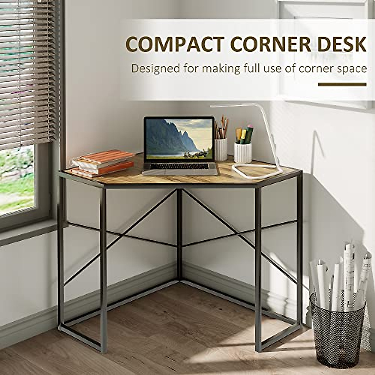 HOMCOM Corner Desk for Small Spaces, Small Computer Desk with Metal Frame, Space Saving Home Office Desk Workstation, Black