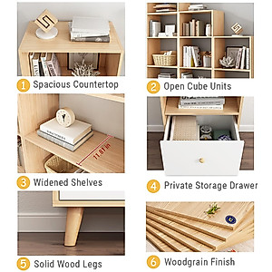 IOTXY Open Shelf Cube Bookcase - 71" Tall Mid-Century Large Bookshelf with Drawer and Deepen Display Storage Cabinet for Home Office, Oak