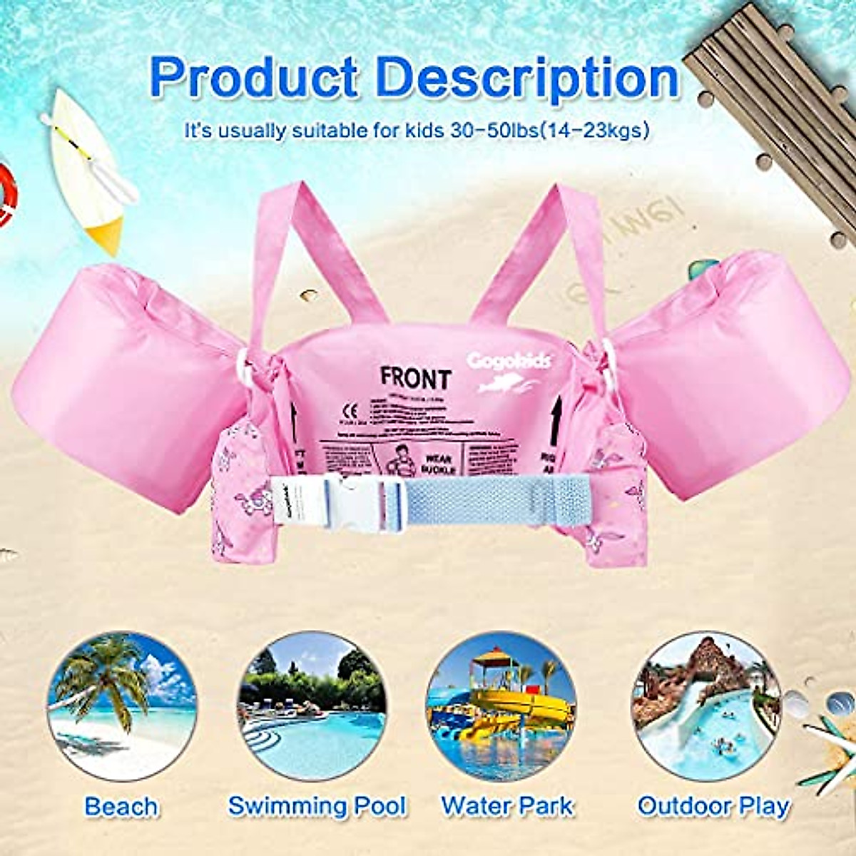 Gogokids Kids Swim Vest, Toddler Floaties for 20-50 lbs/2-6 Years Old Girls and Boys, Float Swimwear with Shoulder Strap