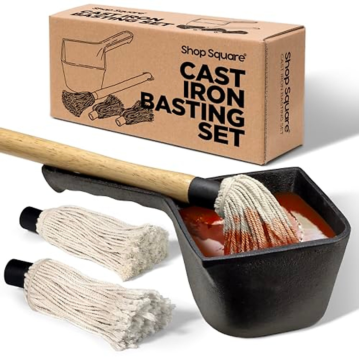 Cast Iron Sauce Pot with BBQ Mop Brush – Small Cast Iron Basting Pot & Mop Brush for Grilling, Smoking, and Saucing – BBQ Mop Brushes for Sauce, 24 Oz