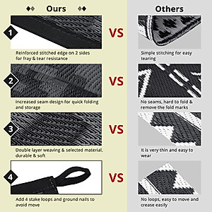 Outdoor Camping Rug Waterproof 6x9FT, Large Reversible Stain&UV Resistant Plastic Straw RV Rug for Outside Patio Pool Deck Beach Indoor, Area Carpet Mat with Portable Bag&4 Stakes-Black Grey Rhombus