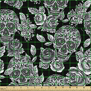 Lunarable Gothic Fabric by The Yard, Composition of Skeleton Skull Heads and Flowers Dark and Scary Details, Decorative Fabric for Upholstery and Home Accents, 1 Yard, Grey Charcoal