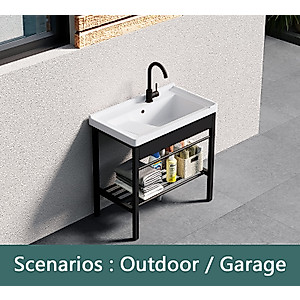 Freestanding Sink, 28.3" × 19" × 32.3" Ceramic Utility Sink with Washboard Set with Bracket and Drain Kit for Laundry Room, Garage, Basement, Outdoor and Indoor