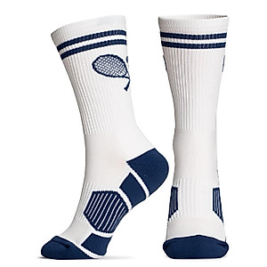 ChalkTalkSPORTS Tennis Performance Crew Socks - Crossed Racquets - Navy - Tennis Mid-Calf Socks - Adult