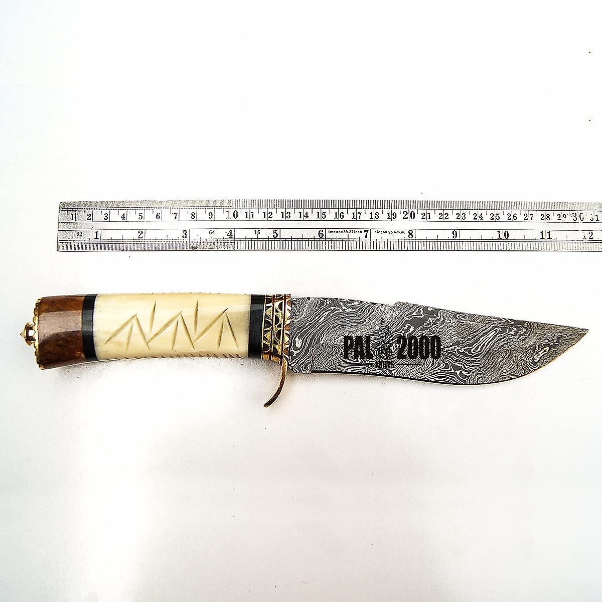 PAL 2000 KNIVES BOW-9482 Handmade Damascus Steel Fixed Blade Hunting Knife Camel Bone Handle with Sheath