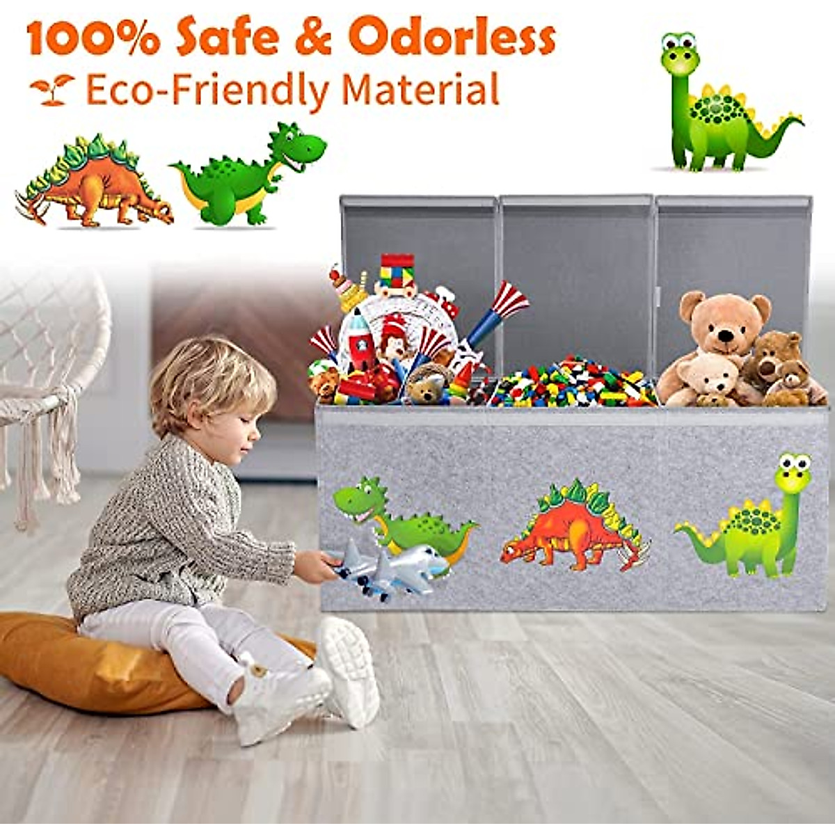 ASKIZ Toy Chest Box for Kids Extra Large,Collapsible Dinosaur Sturdy Storage Bins with Lids,Toy Box Storage Organizer Baskets for Boys Girls,Nursery, Playroom,Closet,40.6"×16.5"×14.2" (Grey)