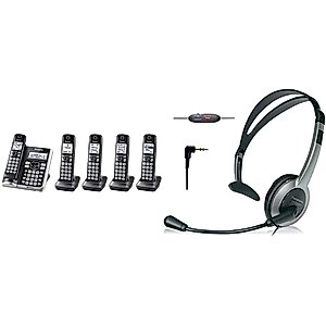 Panasonic Link2Cell Bluetooth Cordless Phone System - 5 Handsets - KX-TGF575S (Silver) & KX-TCA430 Comfort-Fit, Foldable Headset, Regular, Grey/Silver