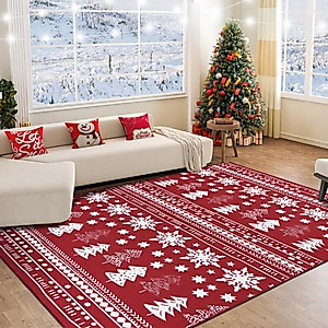 Auemtyn Area Rug, 8x10 Christmas Rug for Living Room, Christmas Area Rug with Non-Slip Backing, Stain Resistant Snowflake Rug for Bedroom,Ultra-Thin Washable Rug for Christmas Decor(8'x10', Red)