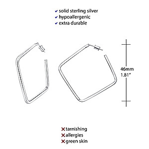 Hoops & Loops 925 Sterling Silver Geo Shape Open Square 46mm Geometric Hoop Earrings for Women Teen Girls, Silver