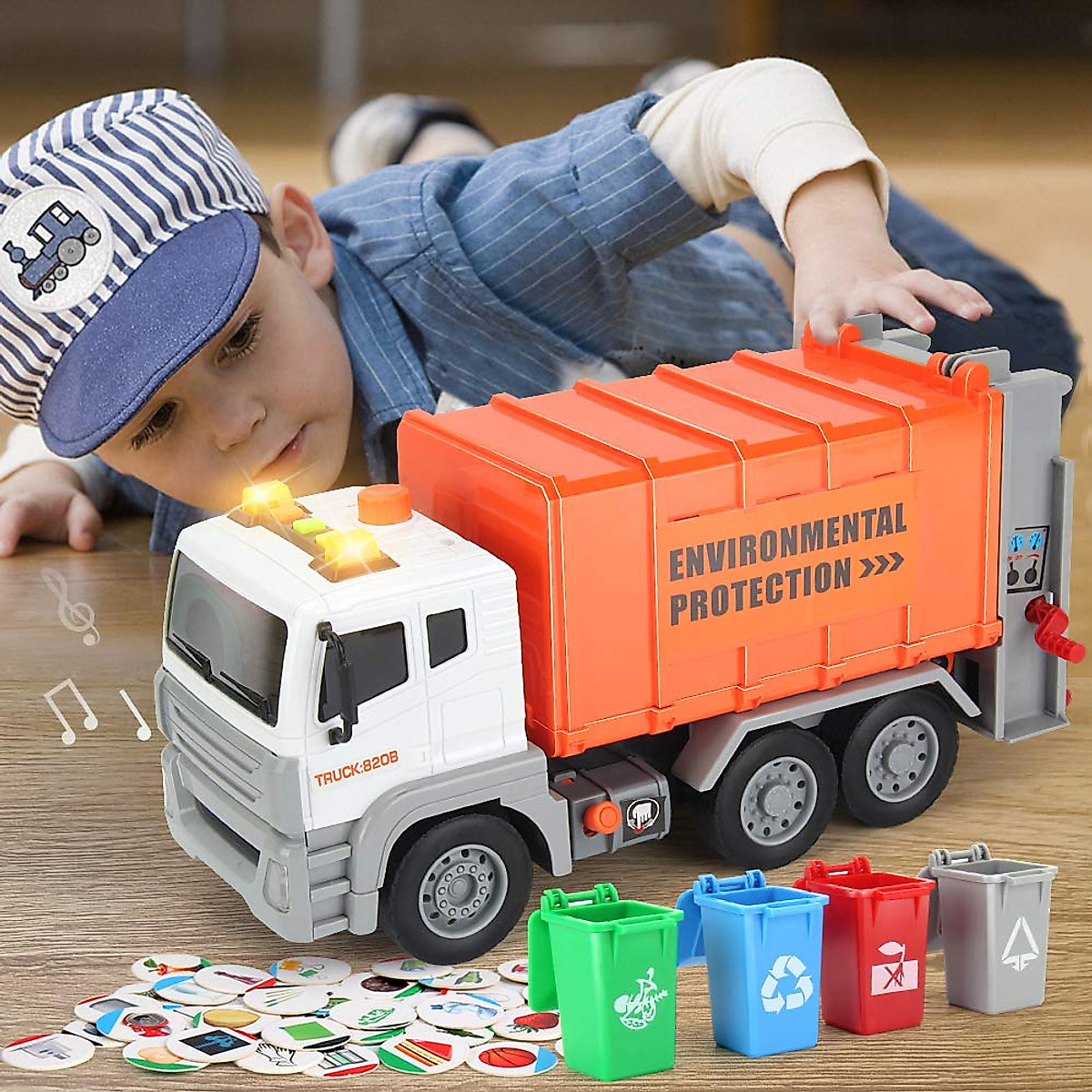 12" Garbage Truck Toys Trash Truck Dump Truck with 4 Garbage Cans, Friction Powered Truck with Sound and Light,Push and Go Pull Back Car for Boys