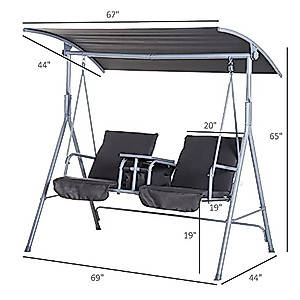 Outsunny 2 Person Porch Swing with Stand, Outdoor Swing with Canopy, Pivot Storage Table, 2 Cup Holders, Cushions for Patio, Backyard, Gray
